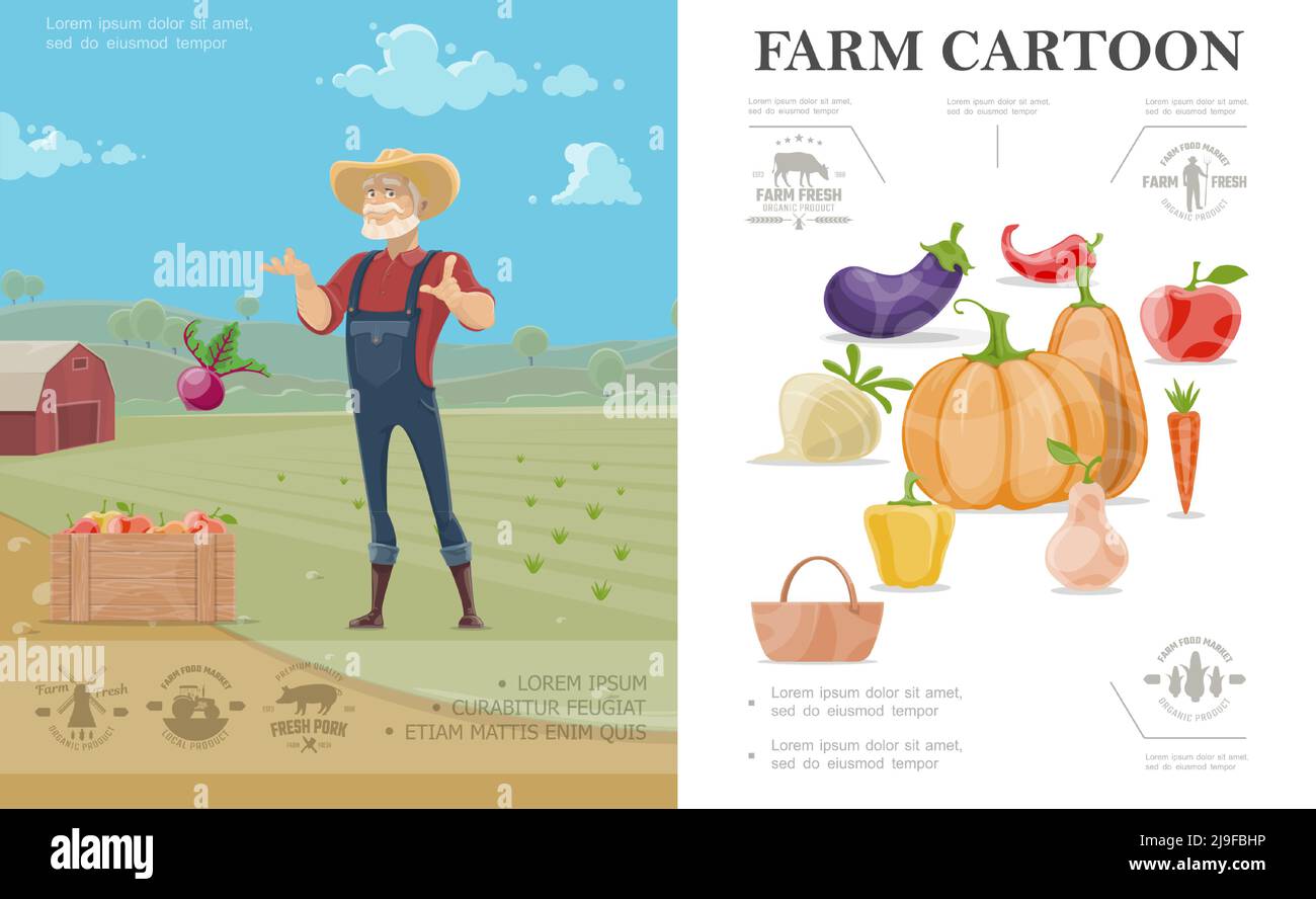 Cartoon farming colorful concept with eggplant radish pumpkin apple ...