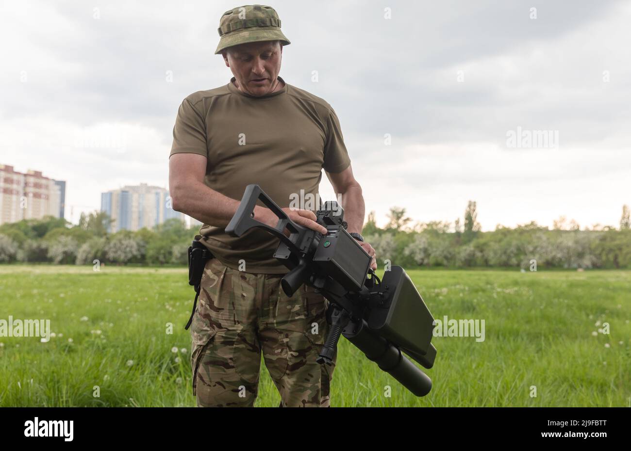 Kyiv, Ukraine. 14th May, 2022. A Ukrainian soldier demonstrates work of ...