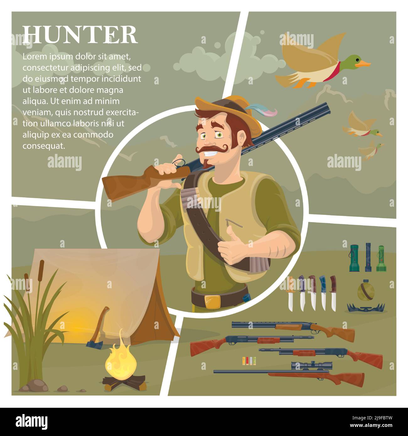 Flat hunting composition with mustached hunter holding shotgun flying ...