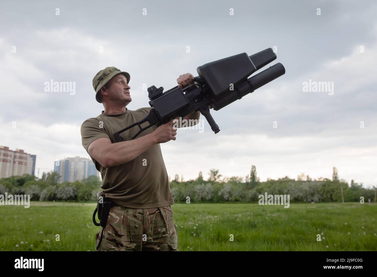 Kyiv, Ukraine. 14th May, 2022. A Ukrainian soldier demonstrates work of ...