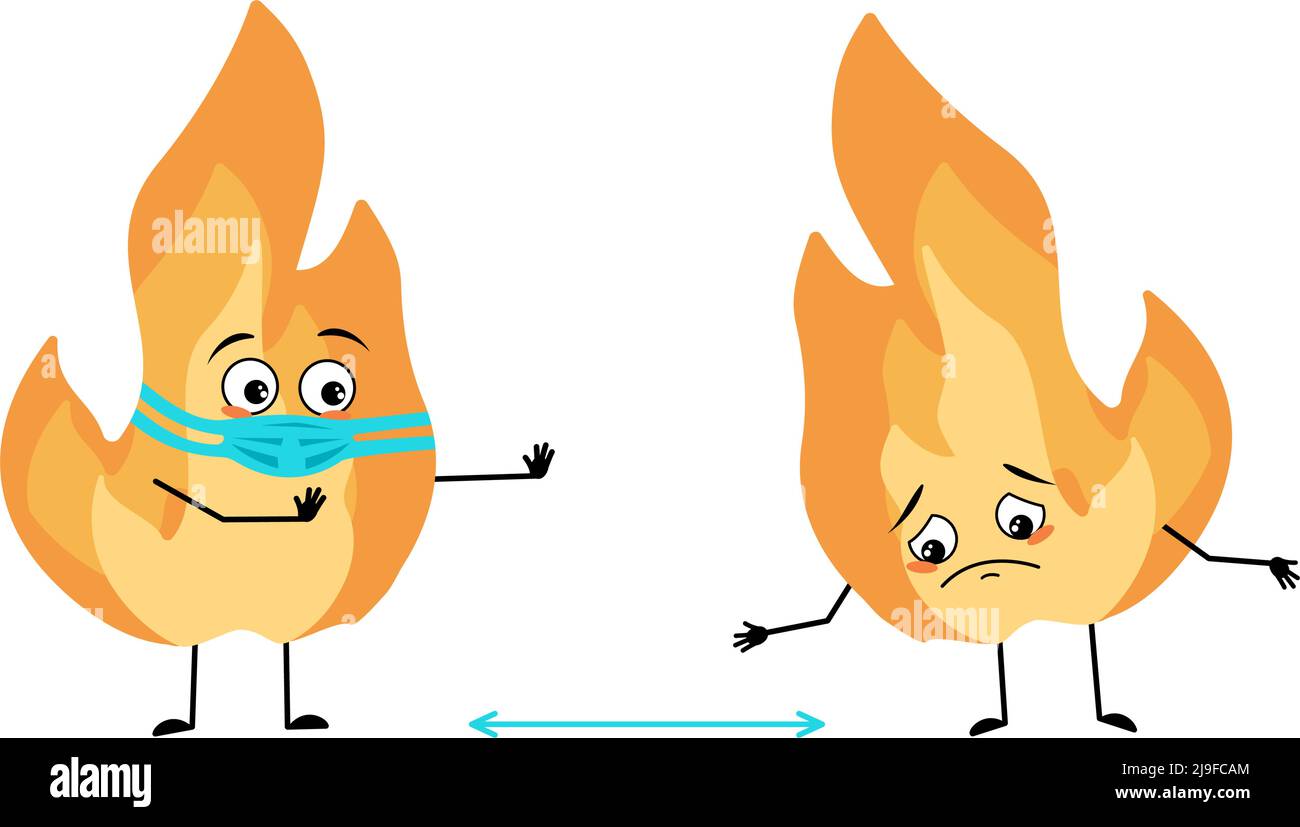 Cute flame character with face in medical mask keep distance, arms and ...