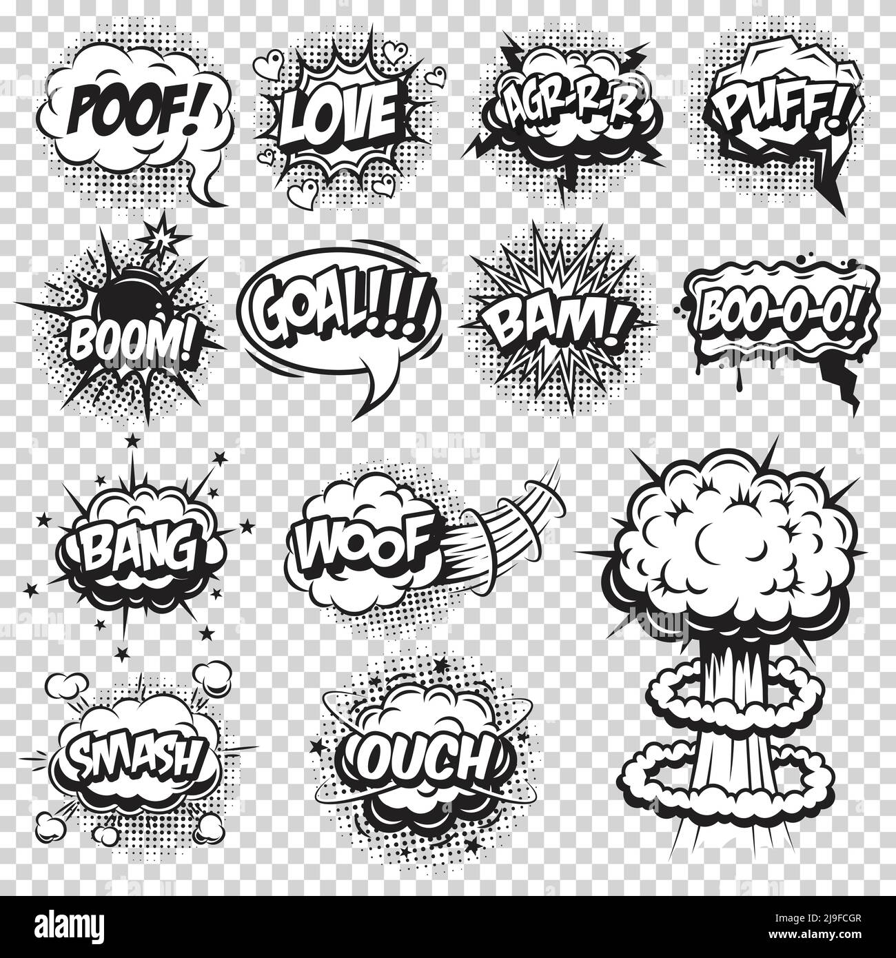 Set of comics speech and explosion bubbles. Monochrome style with text ...