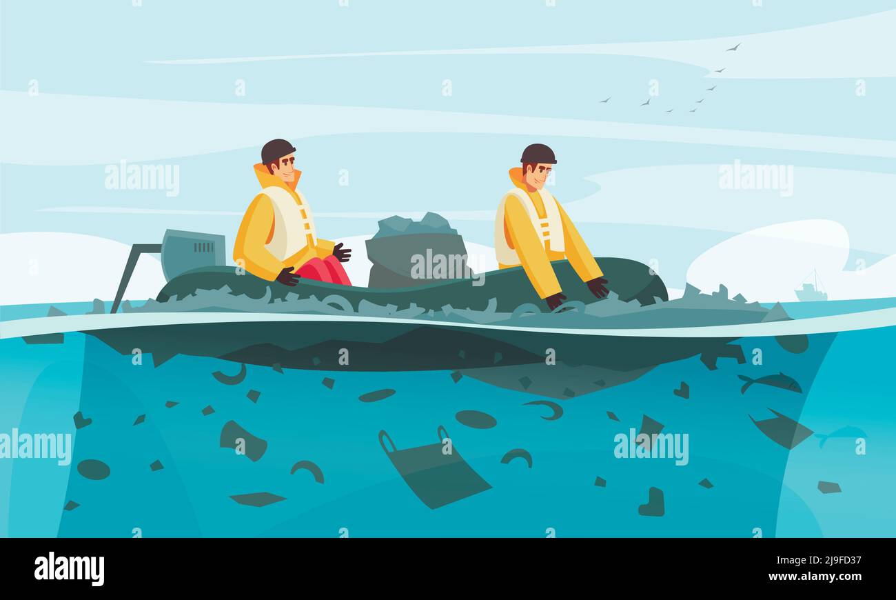 Nature water pollution composition with doodle characters of collectors ...