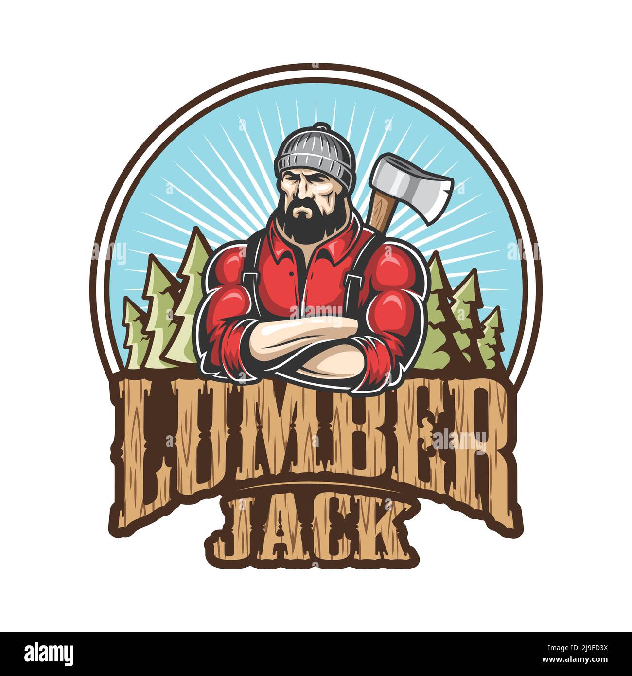 Vector illustration of lumberjack emblem, label, badge, logo with text ...
