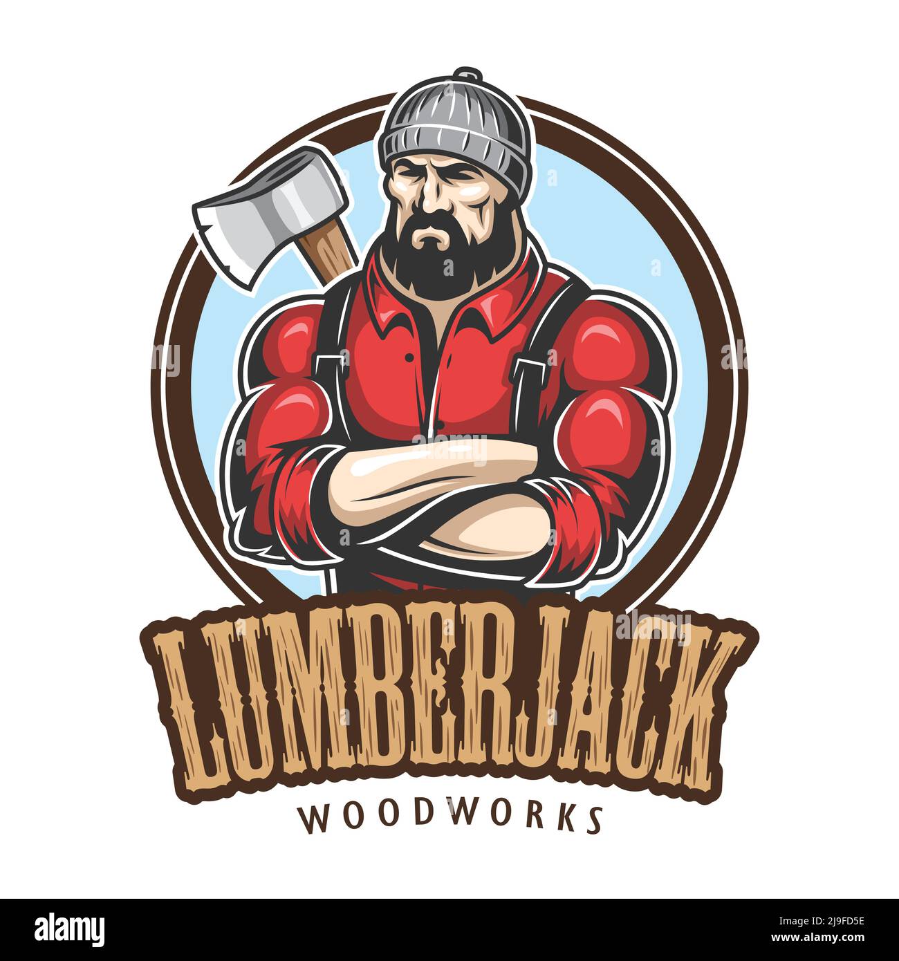 Vector illustration of lumberjack emblem, label, badge, logo with text ...