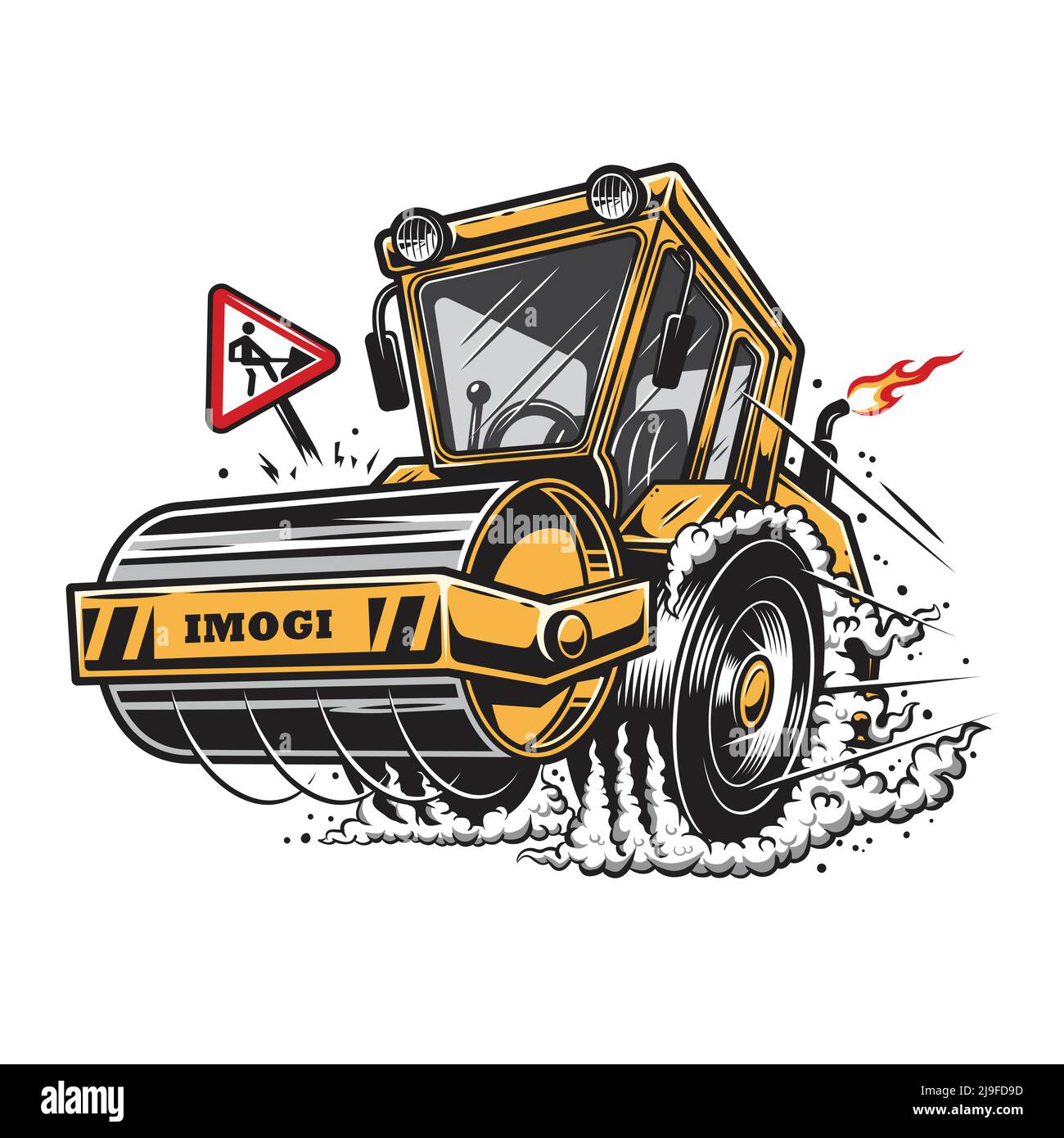 Vector illustration of steamroller with smoke under the wheels on white ...