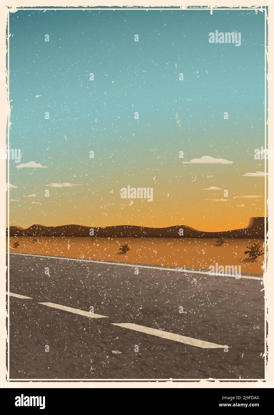 Vintage road poster template, background with asphalt road, desert ...