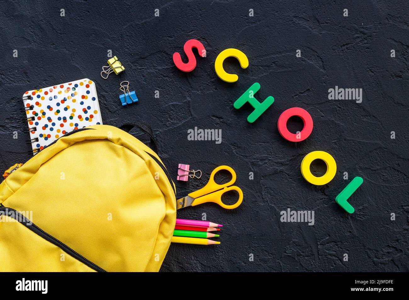 School backpack with school items and students equipment, top view ...