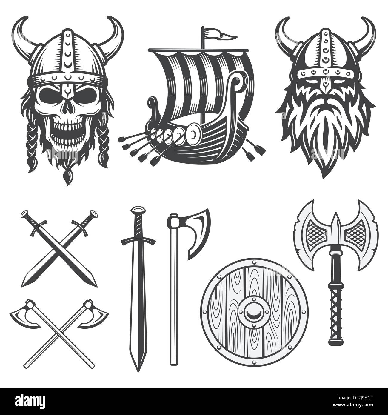 Set of monochrome viking elements isolated on white background Stock ...