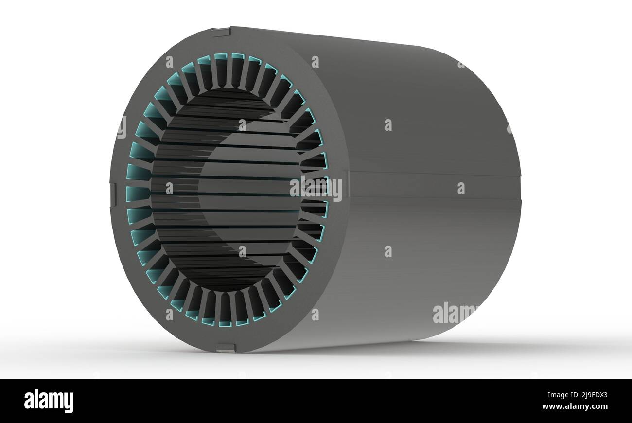 Stator package for electric motor, assembled metal sheets, 3d rendering ...