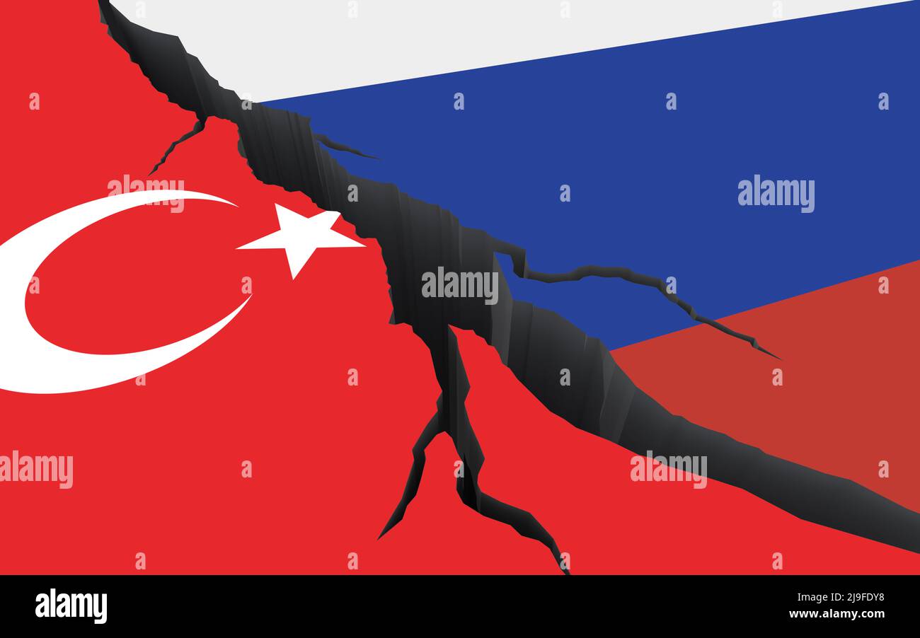 Flags of the Russian Federation and Turkey on background of the cracks ...