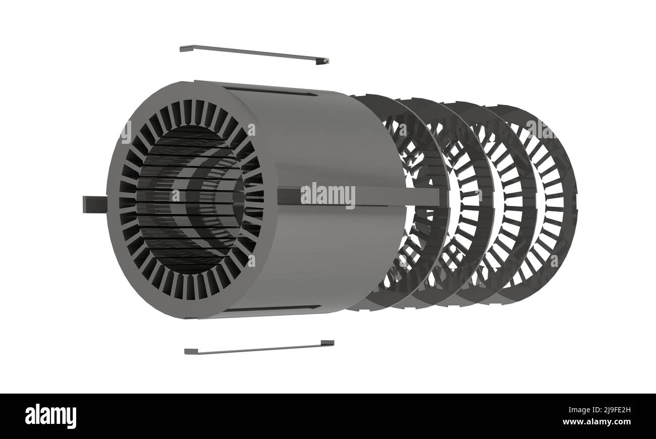 Stator stack for electric motor, exploded view 3d rendering isolated on ...