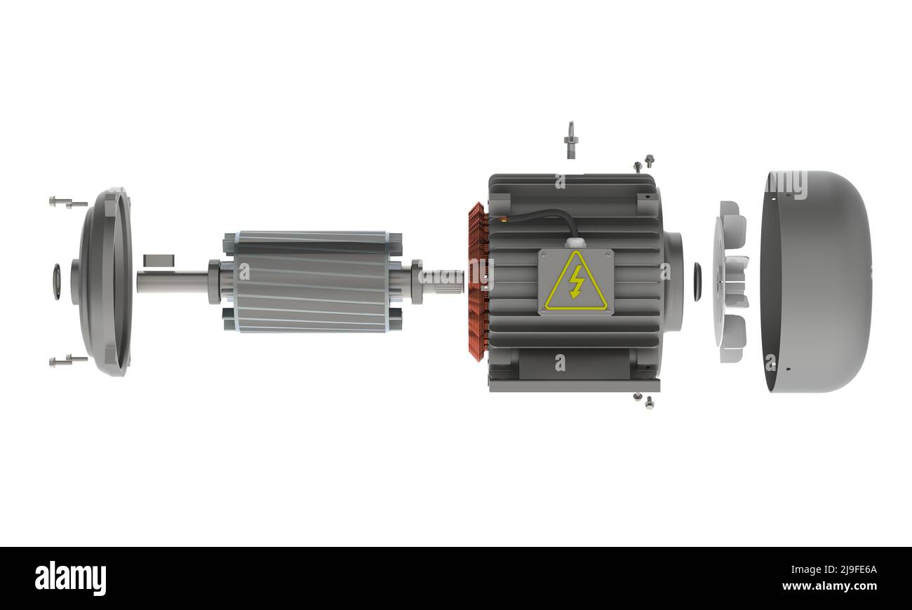 Electric motor, exploded view 3D rendering isolated on white background ...