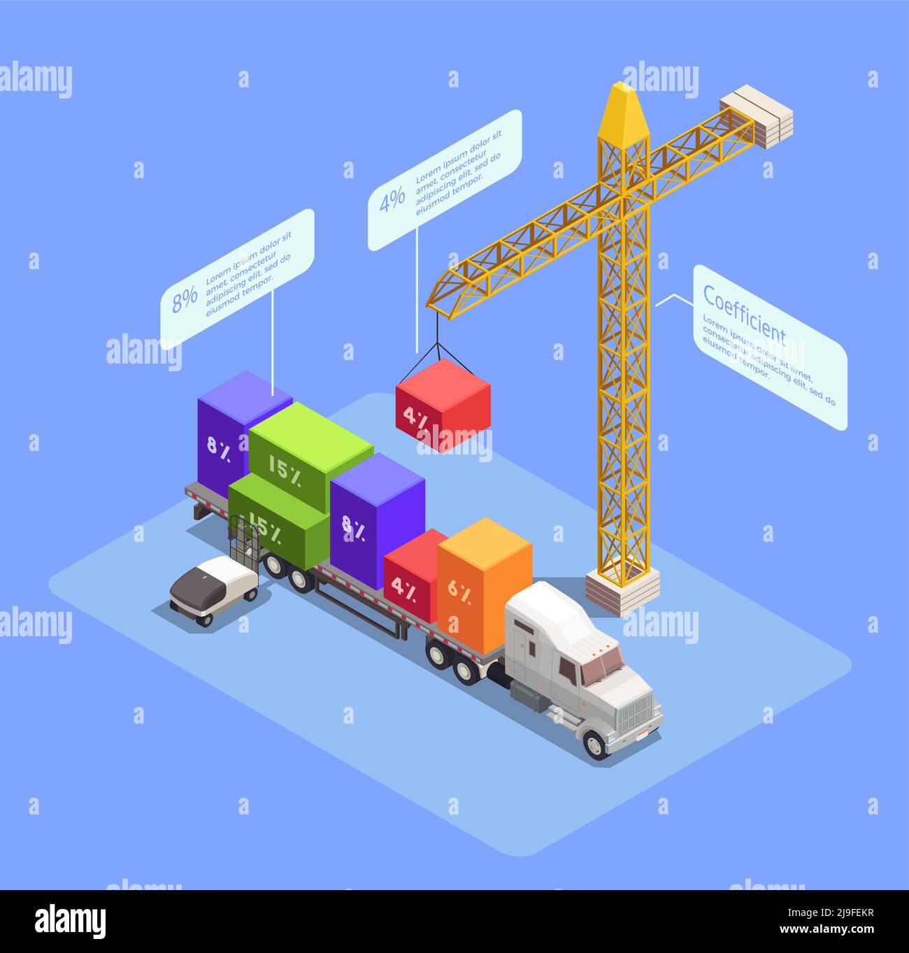 Cargo transportation isometric composition with crane loading colorful ...