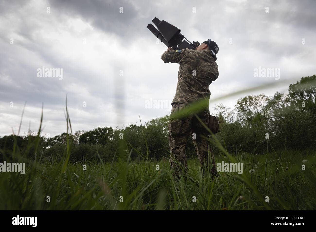 Kyiv, Ukraine. 14th May, 2022. A Ukrainian soldier demonstrates work of ...