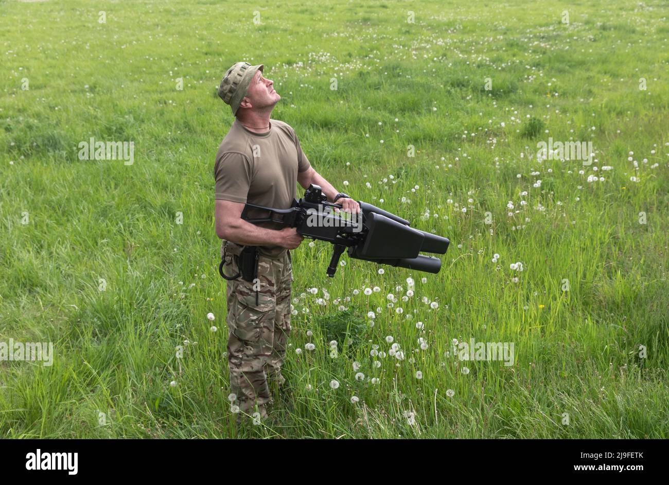Kyiv, Ukraine. 14th May, 2022. A Ukrainian soldier demonstrates work of ...