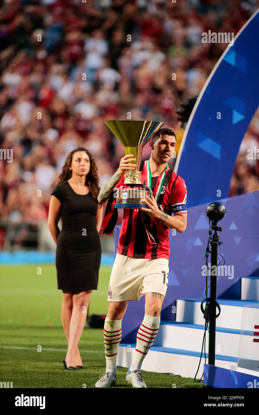 Alessio Romagnoli (Ac Milan) lifting up the trophy of the lega serie a ...