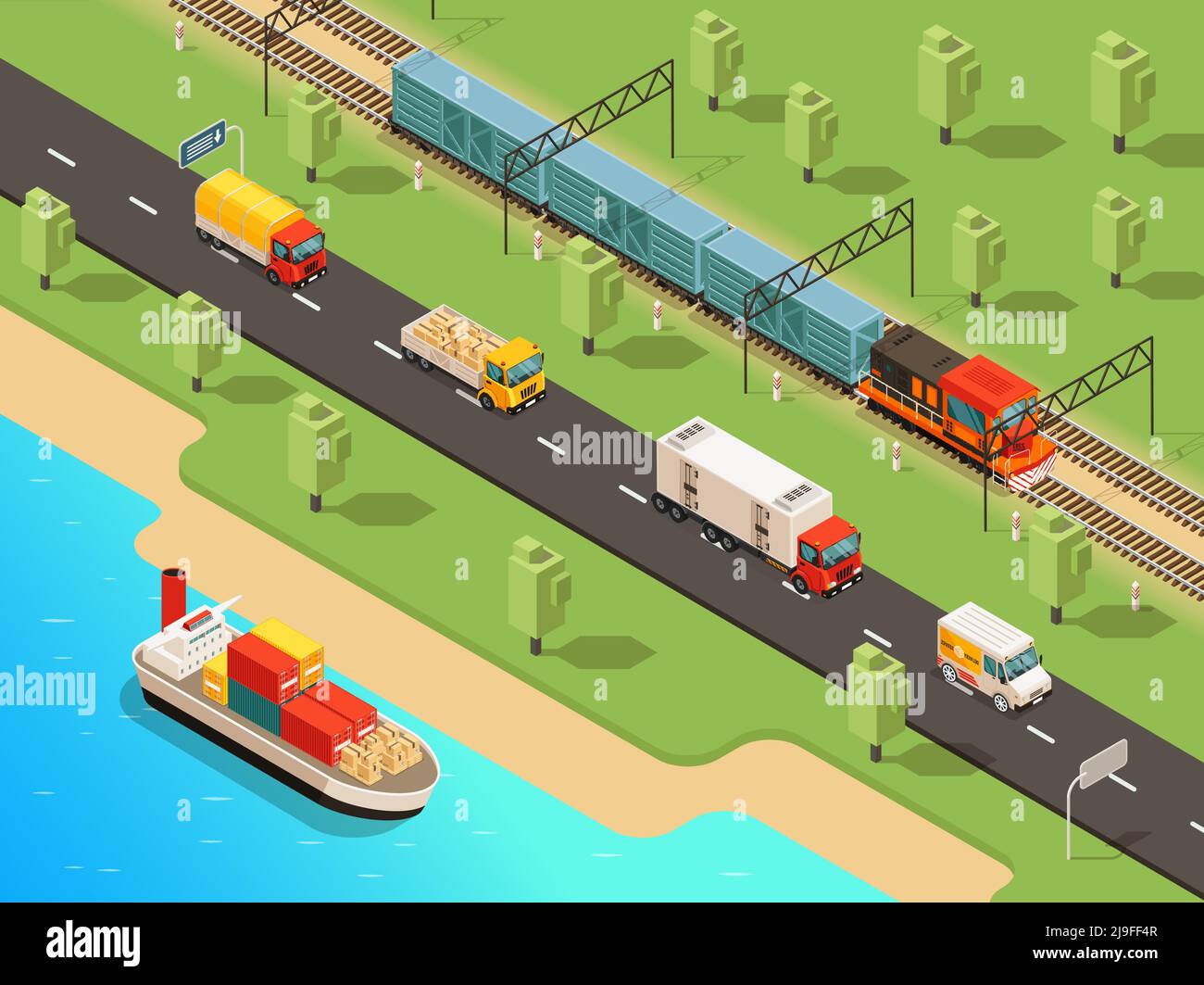 Isometric logistic transportation concept with ship trucks van and ...