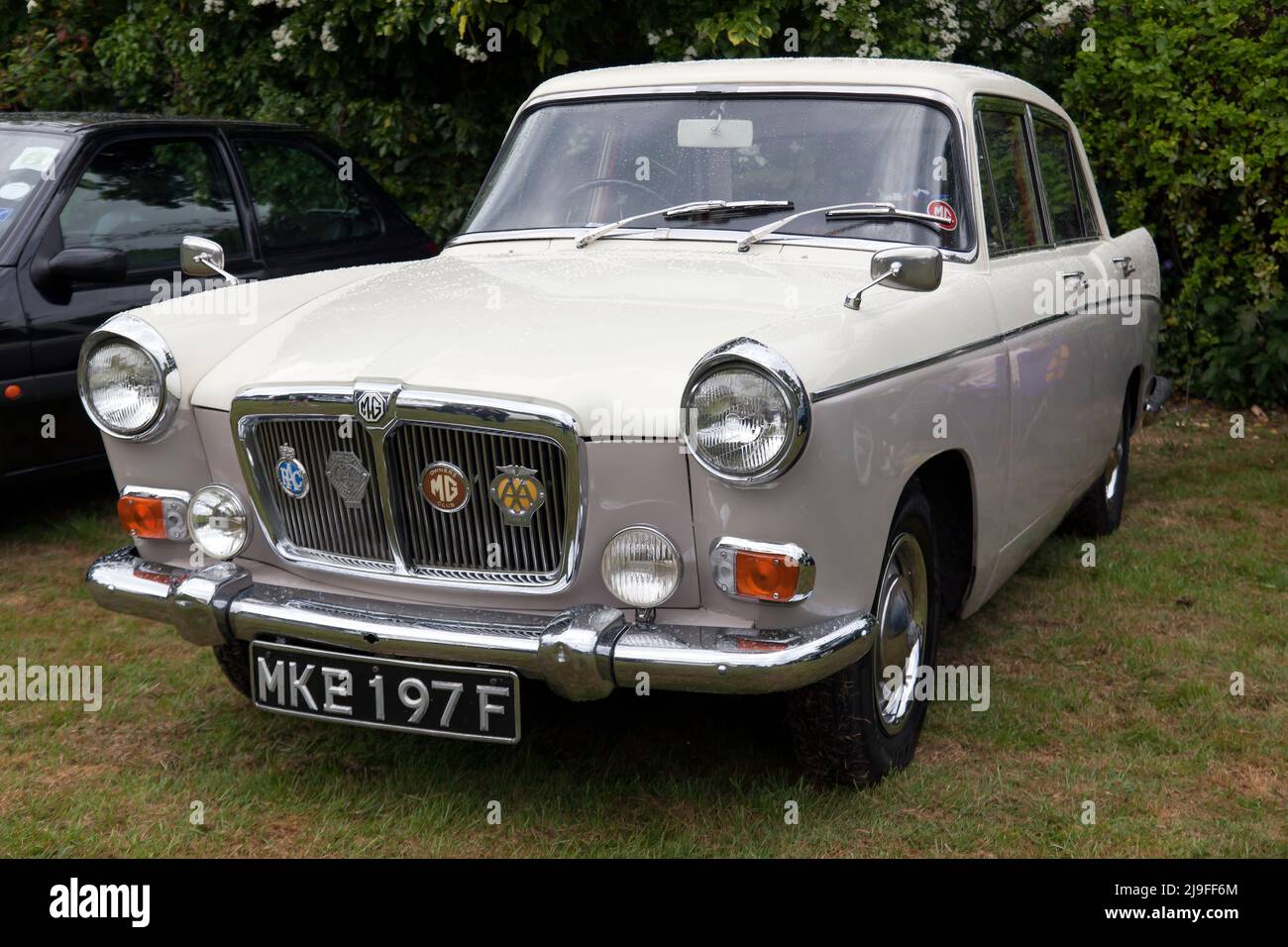 Three-quarters front view of a 1967, MG Magnette Mark IV, on display at ...