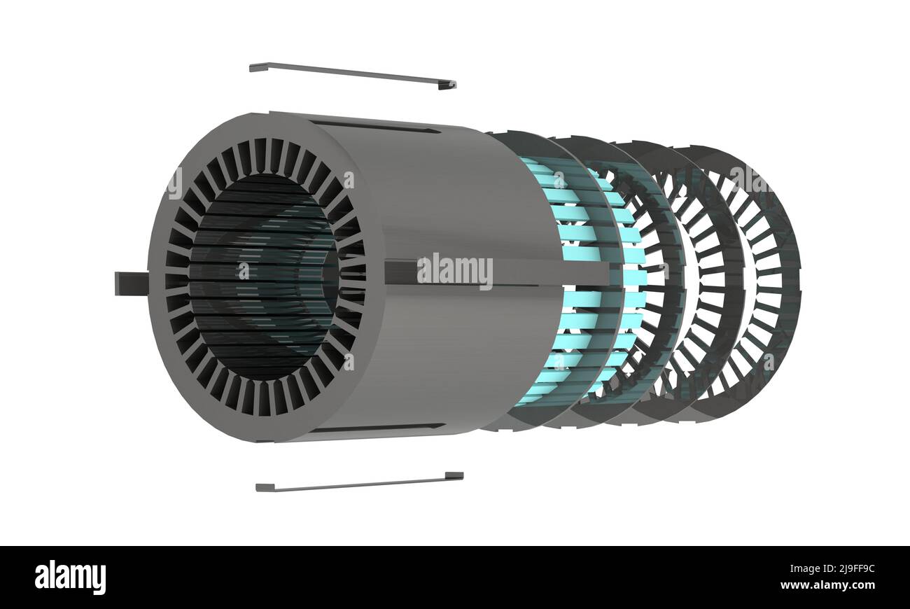 Stator assembly for electric motor, exploded view,3D illustration ...