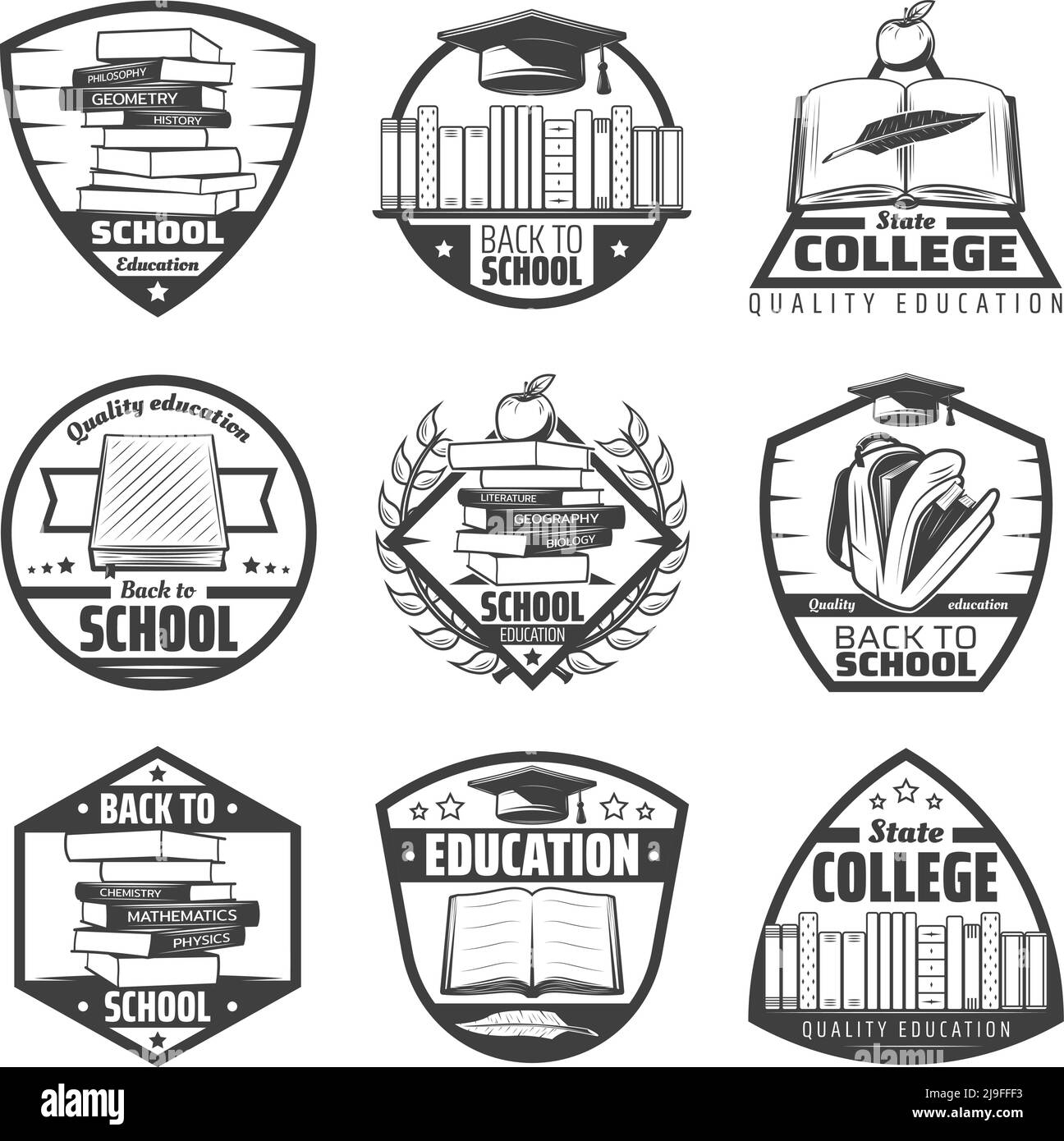 Vintage monochrome education labels set with inscriptions school books ...