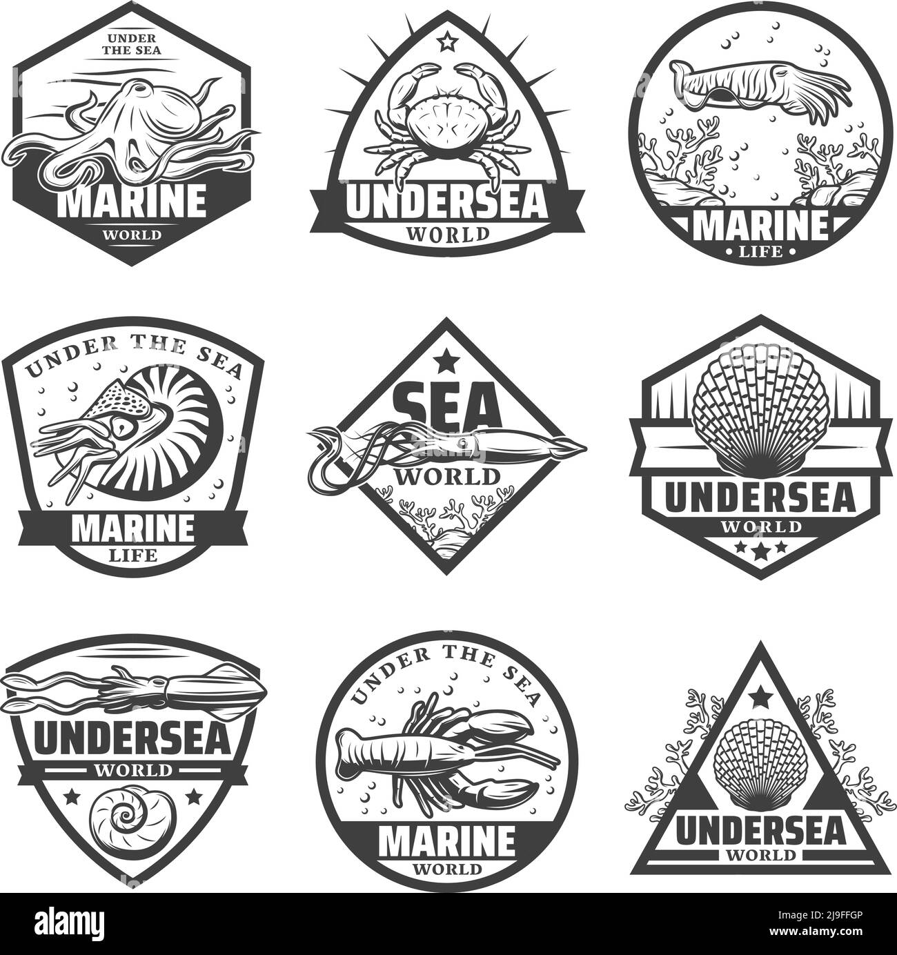 Vintage monochrome marine animals labels set with octopus shrimp ...