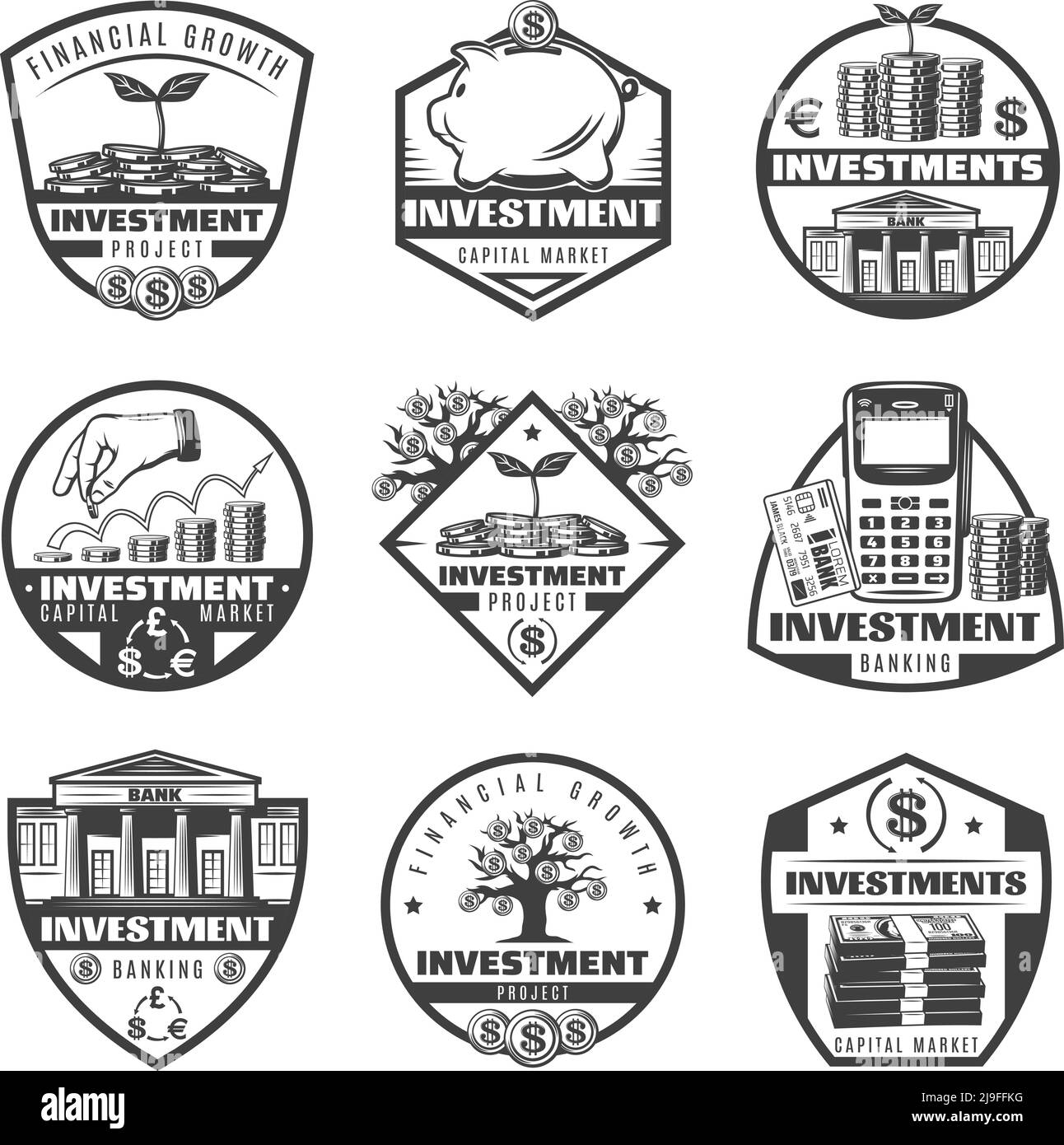 Vintage monochrome money investment labels set with dollar banknotes ...