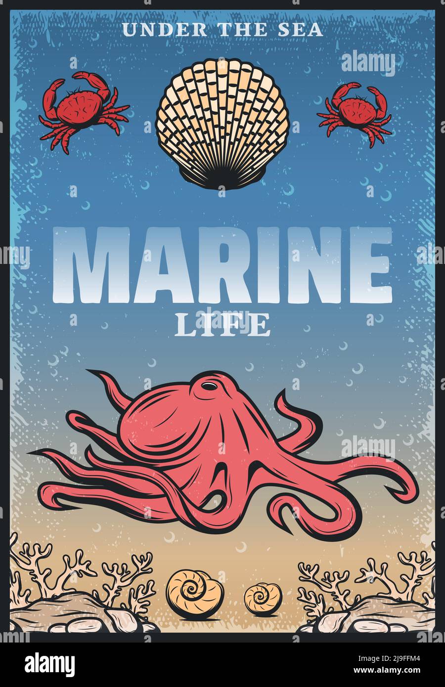 Vintage colored sea life poster with inscription octopus crabs ...