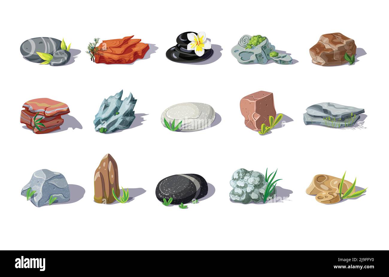 Cartoon colorful stones set of different shapes and materials with ...