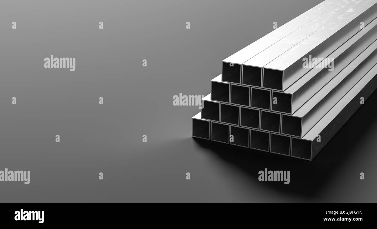 Metal profiles isolated on dark background. Steel profiles for ...