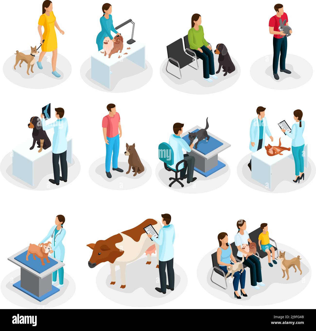 Isometric veterinary clinic set of people with their pets come to ...