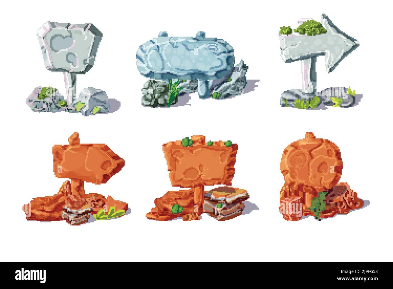 Colorful stone pointers and signboards collection with plants in ...