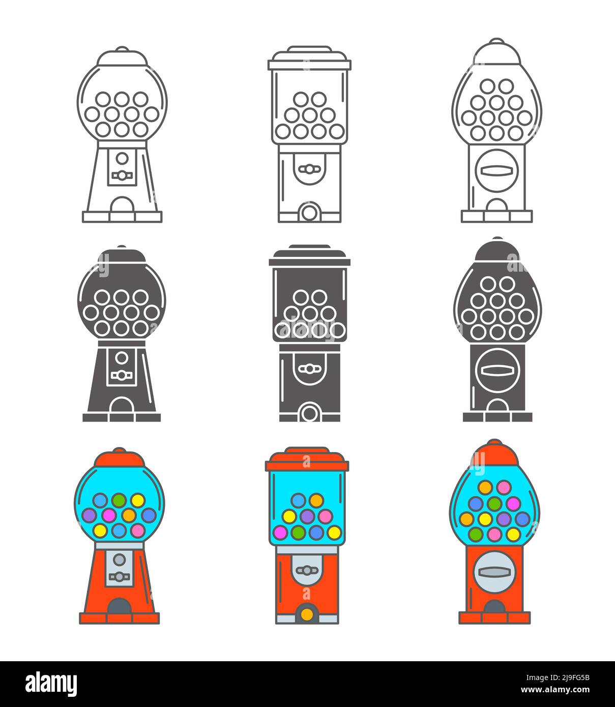 Gumball machine icon set. Retro vending dispenser for candies and ...