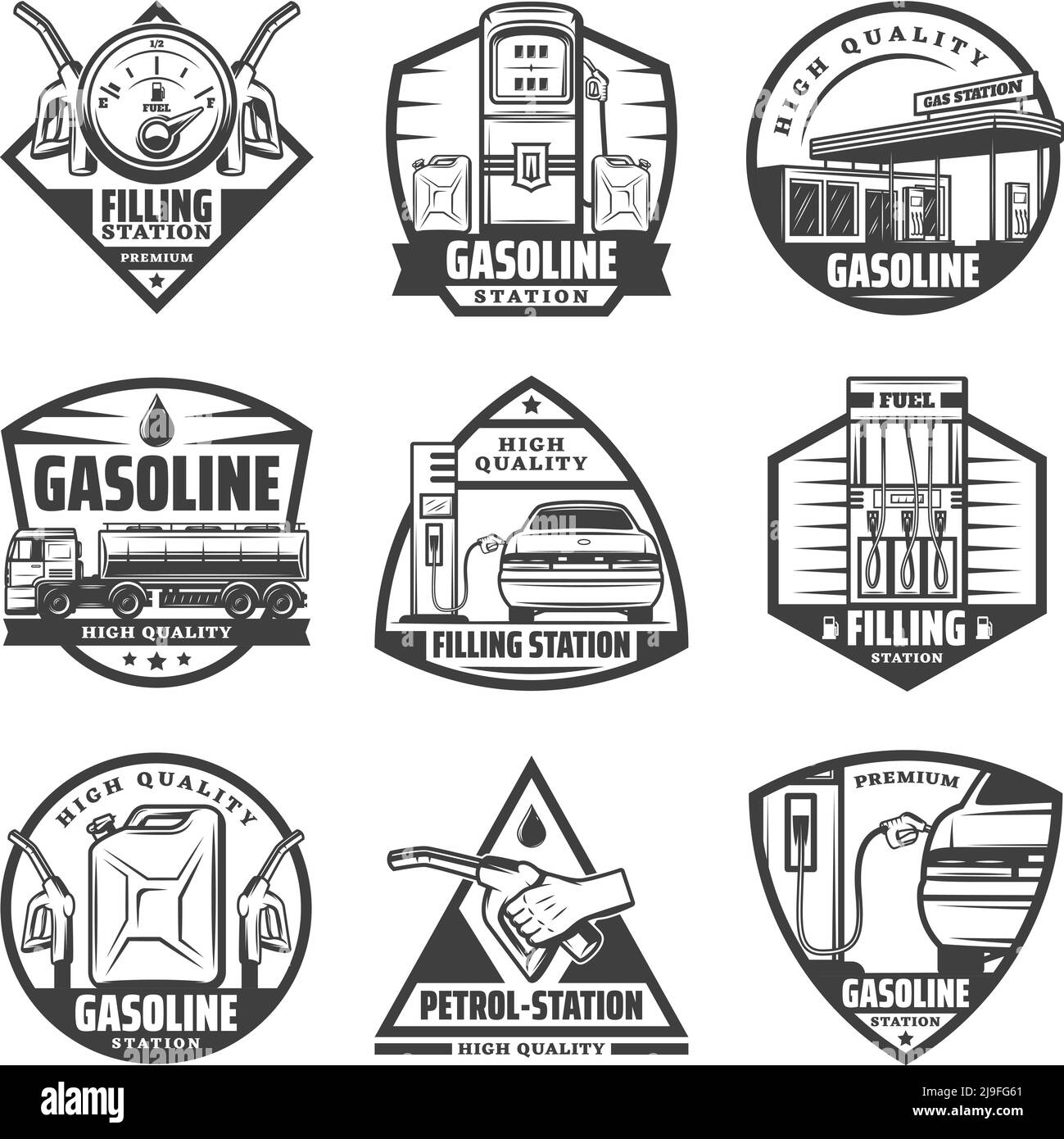 Vintage monochrome petrol station labels set with fuel gauge pump ...