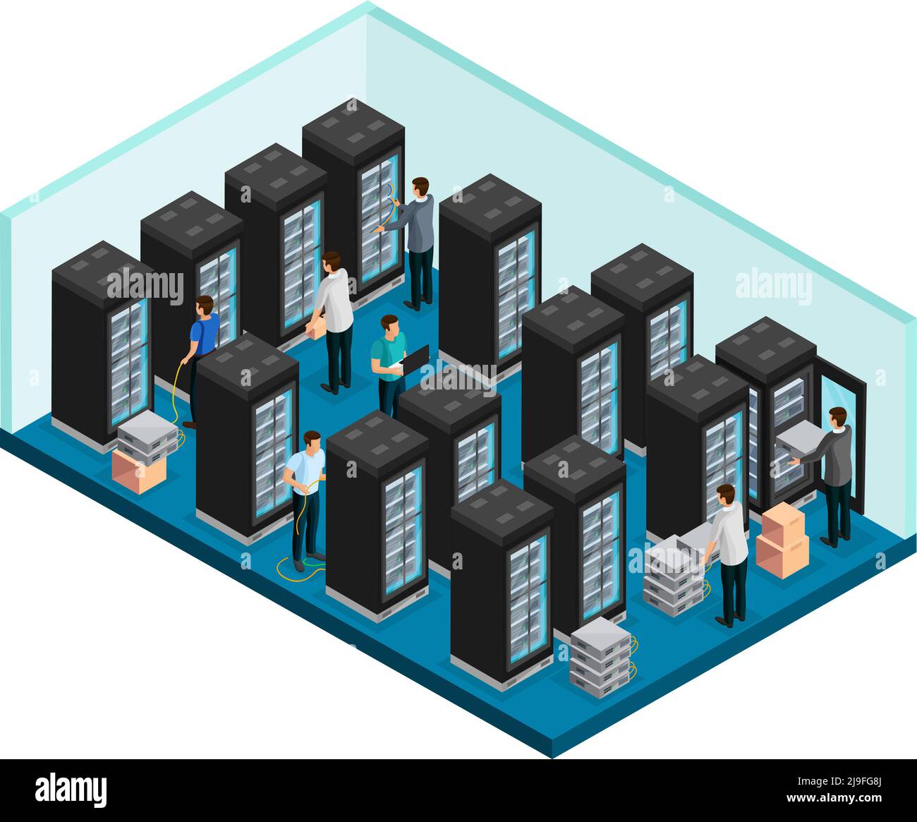 Isometric datacenter concept with engineers in data security server room for equipment repairing ...