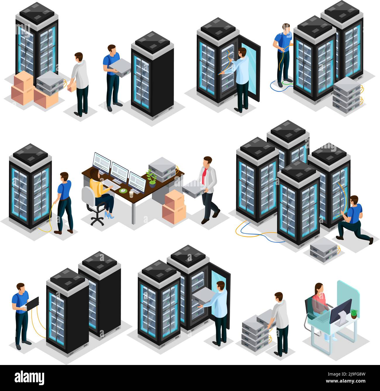 Isometric data center collection with engineers repair and maintain hosting servers equipment ...