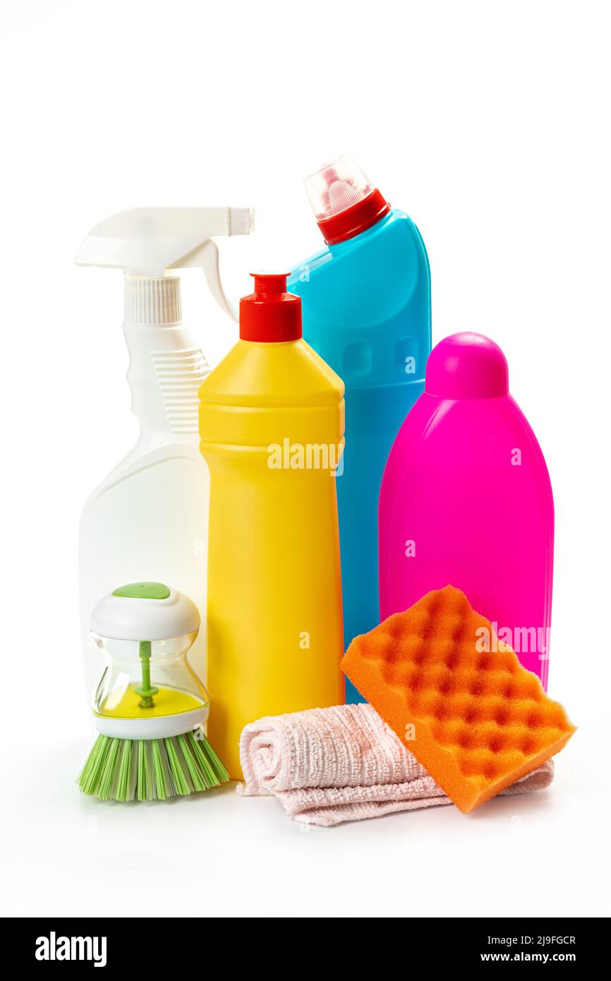 plastic bottle, cleaning sponges and gloves isolated on white ...