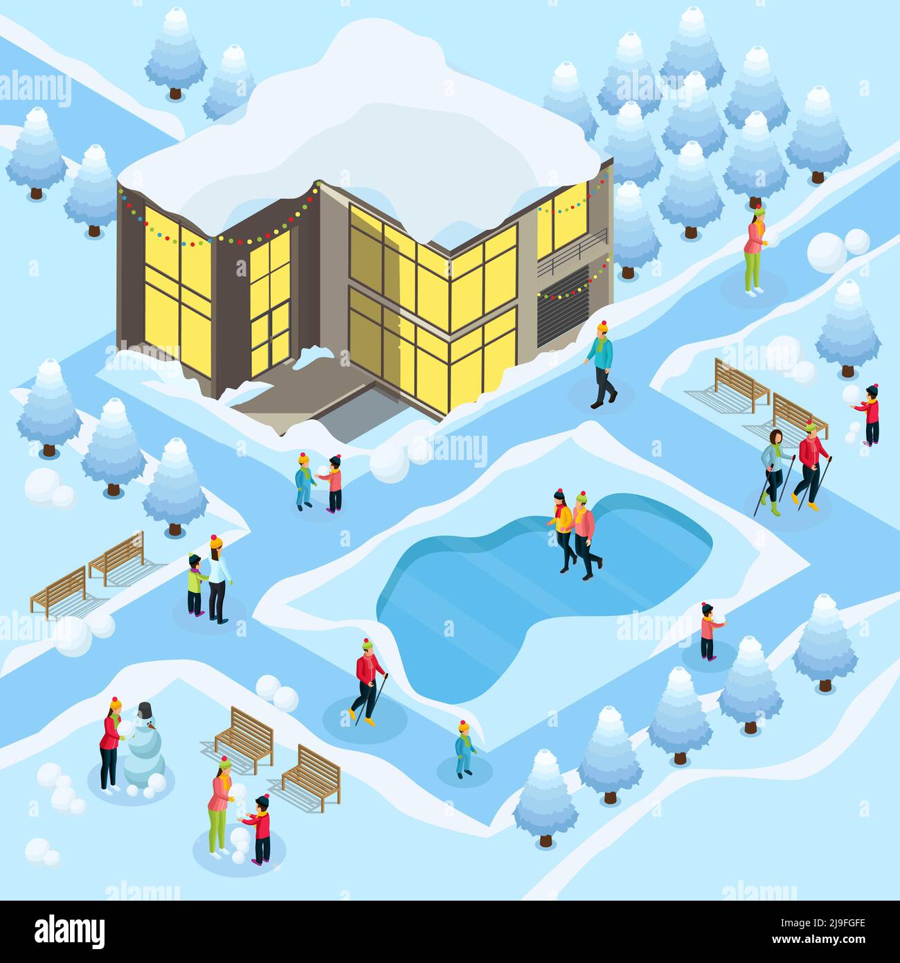 Isometric family on winter holidays template with snowboarding skating ...