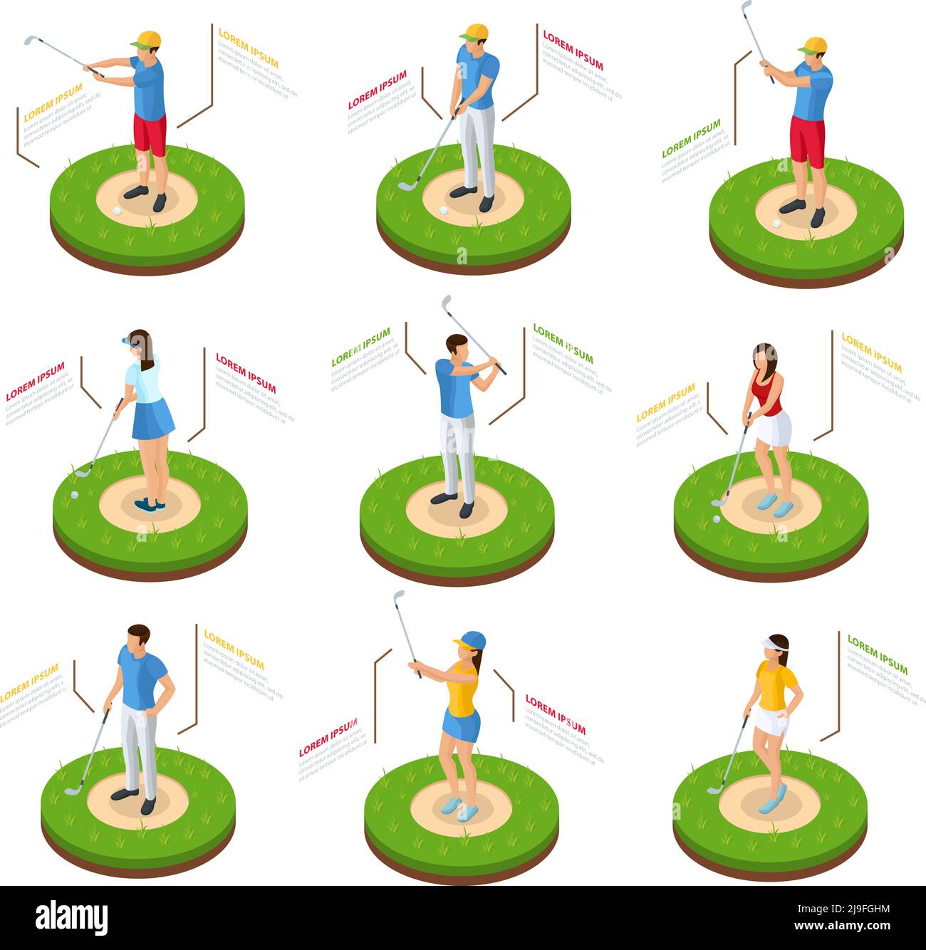 Isometric golfers set of golf players with clubs standing on lawn in ...