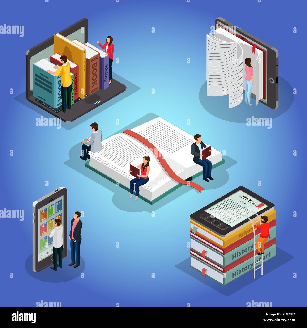 Isometric books reading composition with people and educational ...