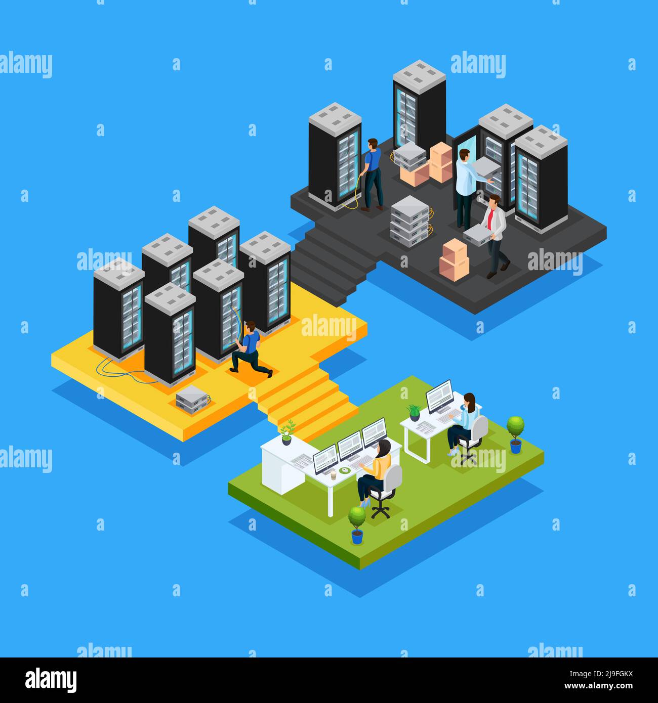 Isometric data center concept with women working in office and ...