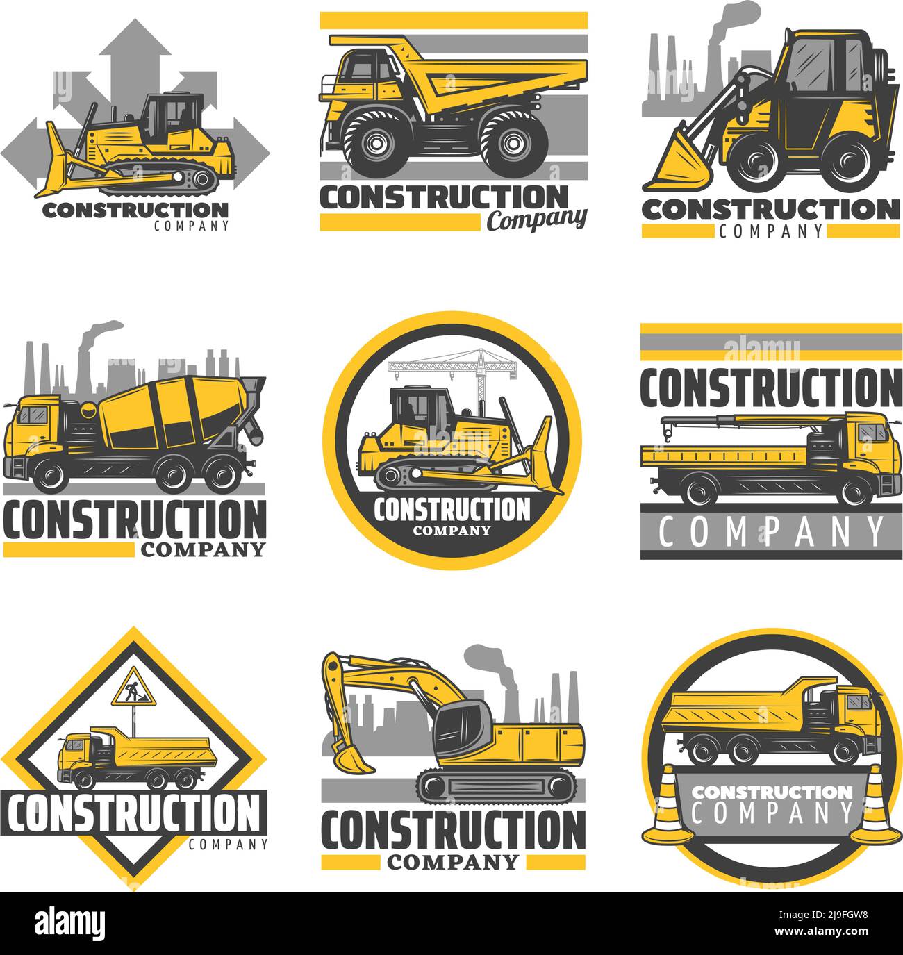 Vintage colored construction vehicles emblems set with bulldozer ...