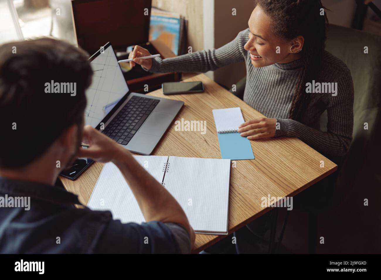Top view on stylish smiled young woman explaining drawing on laptop ...