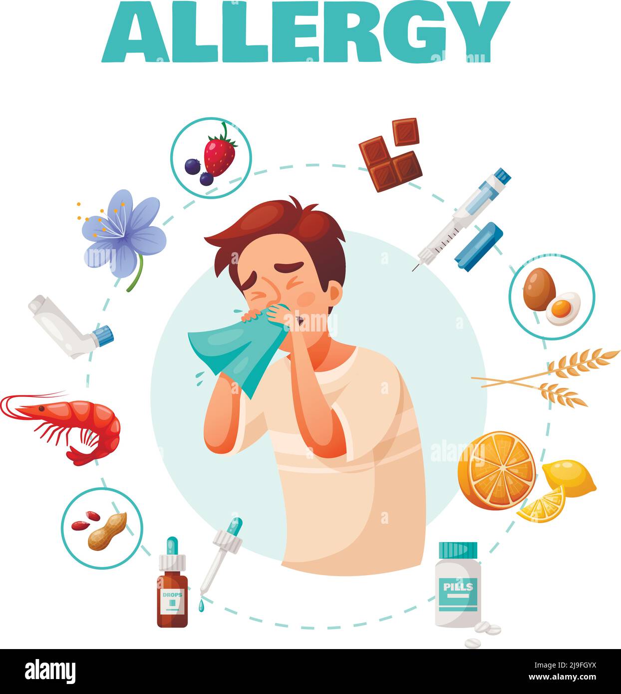 Allergy concept with symptoms treatment and common allergens symbols ...