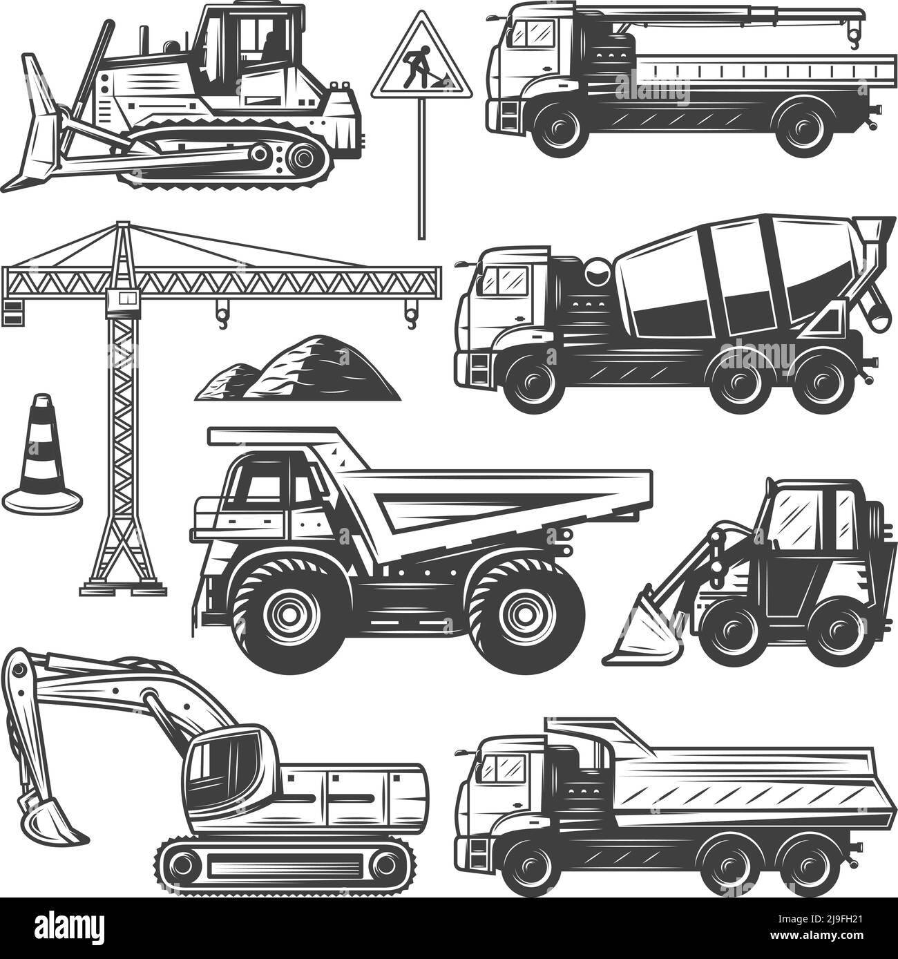 Vintage construction machines set with bulldozers excavator crane ...