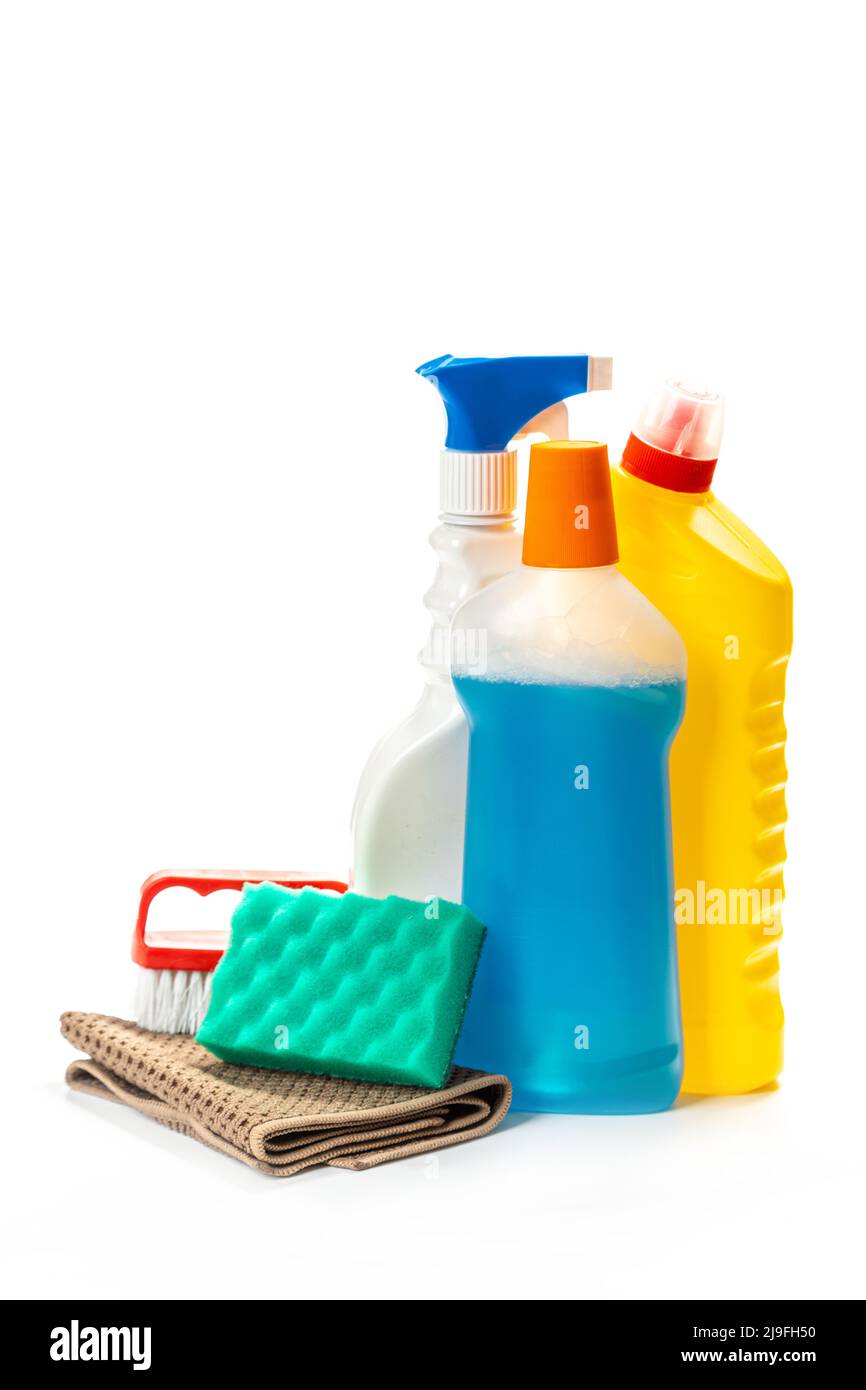 plastic bottle, cleaning sponges and gloves isolated on white ...