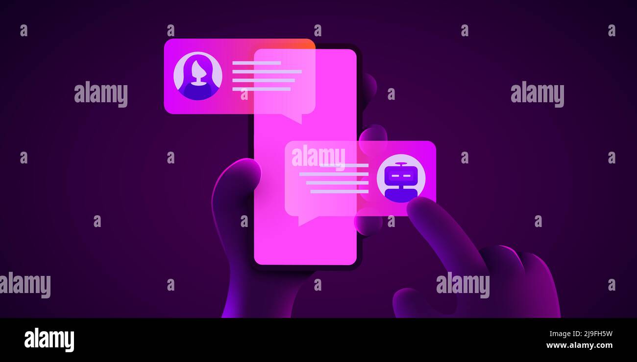 Chat bot concept. Hand holds smartphone and communicates with a chat ...