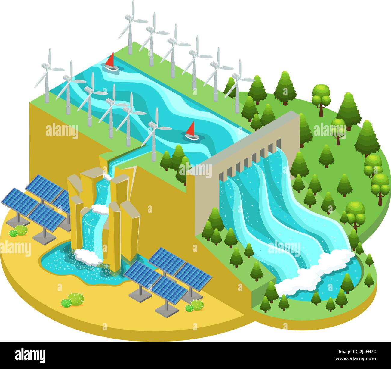 Isometric alternative energy sources concept with hydroelectric power ...