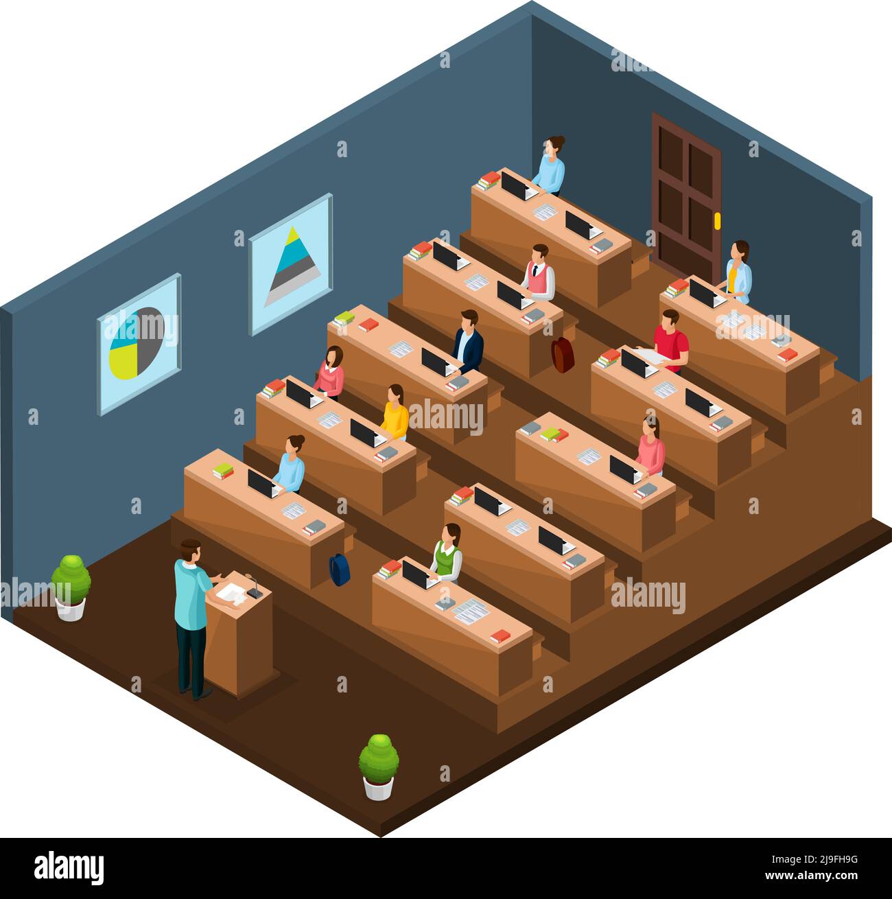 Isometric university education concept with professor giving lecture to ...