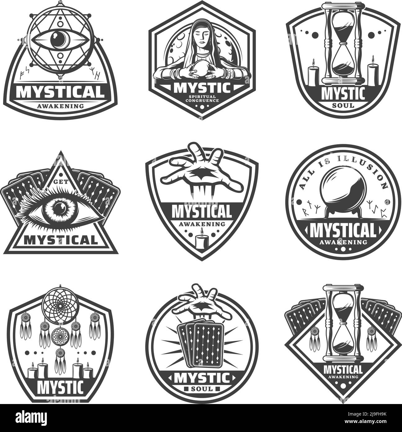 Vintage monochrome mystic labels set with fortune teller moon runic ...